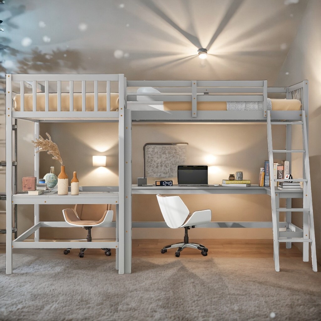2 Beds in 1 Wood Twin Size L Shaped Loft Bed with Ladder and 2 Built in L Shaped Desks Grey